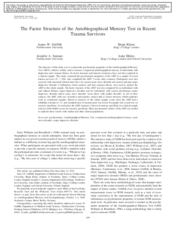 (PDF) The factor structure of the autobiographical memory test in ...