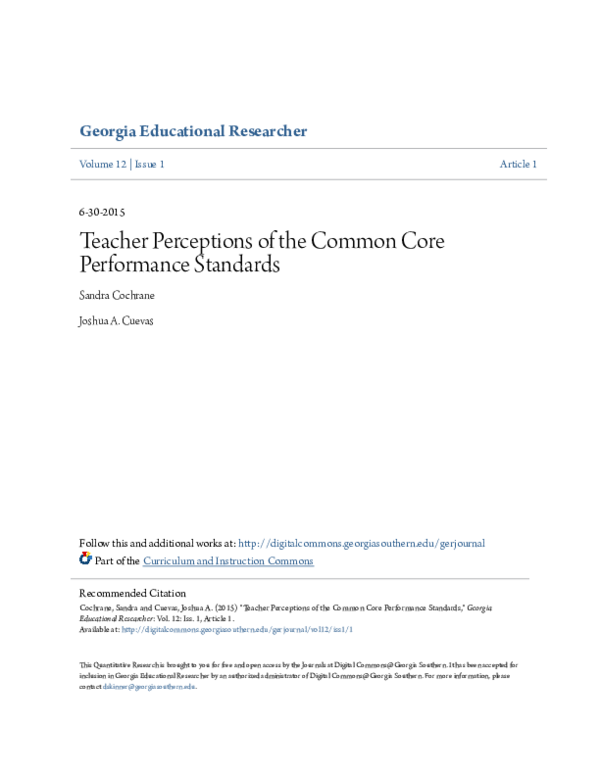(PDF) Teacher Perceptions of the Common Core Performance Standards
