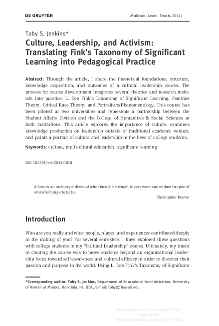 (PDF) Culture, Leadership, and Activism: Translating Fink's Taxonomy of ...