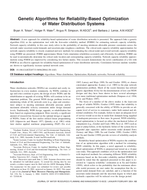 Pdf Genetic Algorithms For Reliability Based Optimization Of Water Distribution Systems