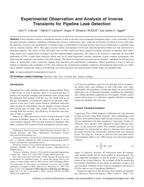 Pdf Experimental Observation And Analysis Of Inverse Transients For Pipeline Leak Detection