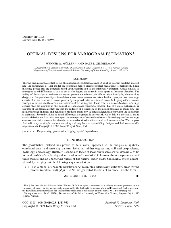 (PDF) Optimal design for variogram estimation