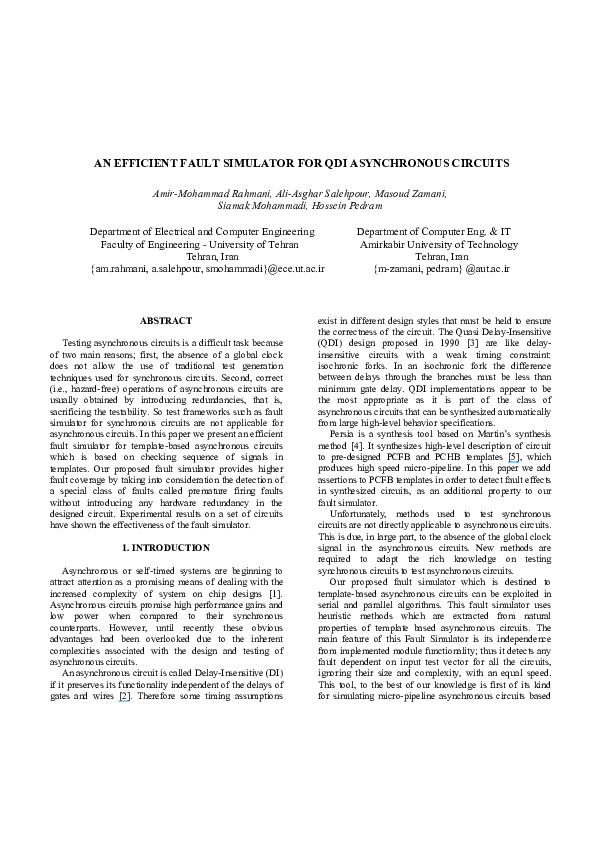 Pdf An Efficient Fault Simulator For Qdi Asynchronous Circuits