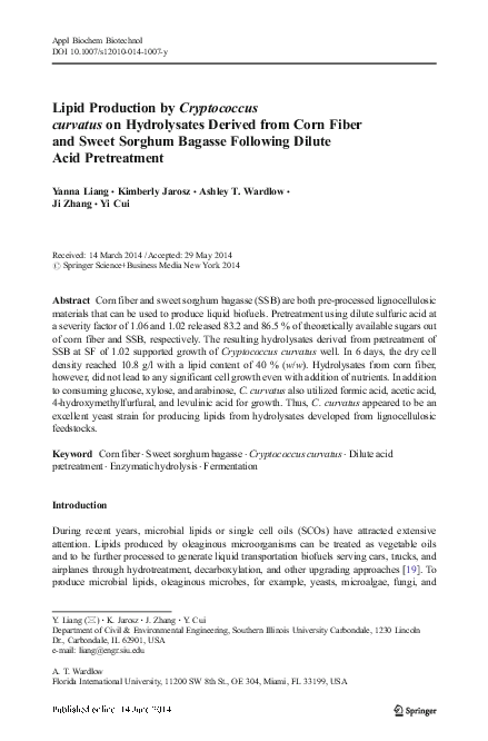 (PDF) Lipid production by Cryptococcus curvatus on hydrolysates derived ...