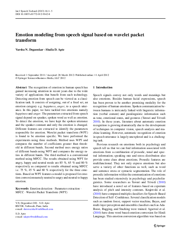 Pdf Emotion Modeling From Speech Signal Based On Wavelet Packet Transform