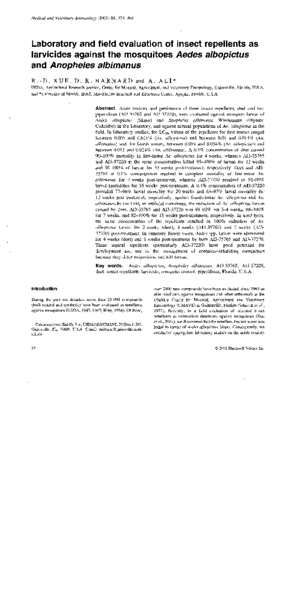 (PDF) Laboratory and field evaluation of insect repellents as larvicides against the mosquitoes ...