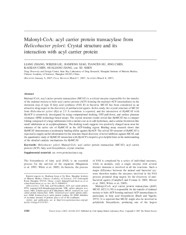 (PDF) Malonyl-CoA: acyl carrier protein transacylase from Helicobacter ...