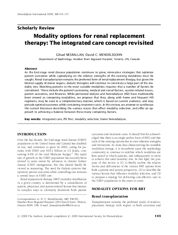 (PDF) Modality options for renal replacement therapy: the integrated ...