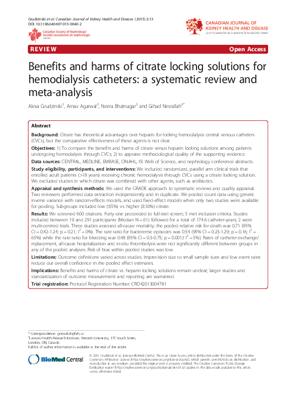(PDF) Benefits and harms of citrate locking solutions for hemodialysis ...