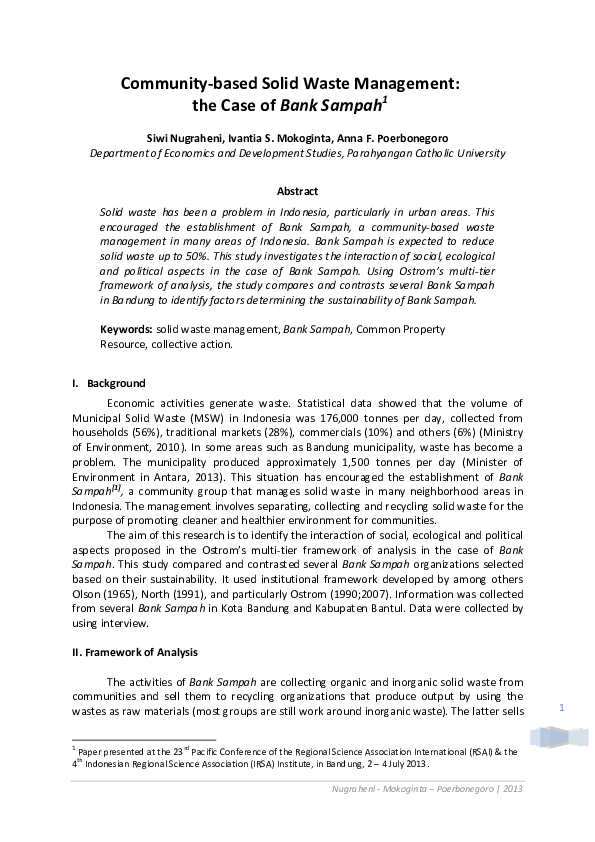 (PDF) Community-based Solid Waste Management: the Case of Bank Sampah 1