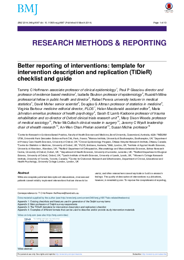 (PDF) Better reporting of interventions: template for intervention ...