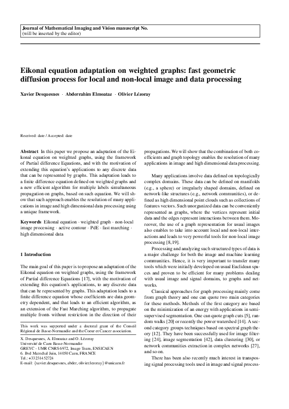 (PDF) Eikonal Equation Adaptation on Weighted Graphs: Fast Geometric Diffusion Process for Local ...