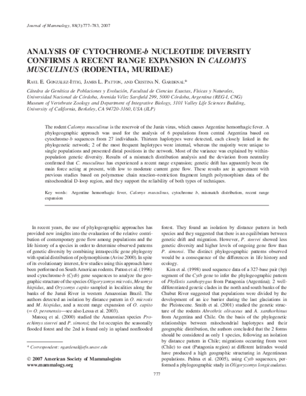 (PDF) Analysis of Cytochrome- b Nucleotide Diversity Confirms a Recent ...