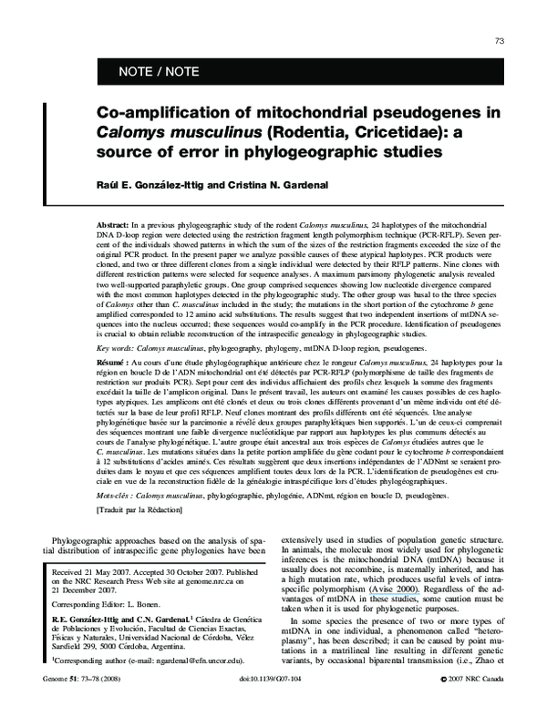 (PDF) Co-amplification of mitochondrial pseudogenes in Calomys ...