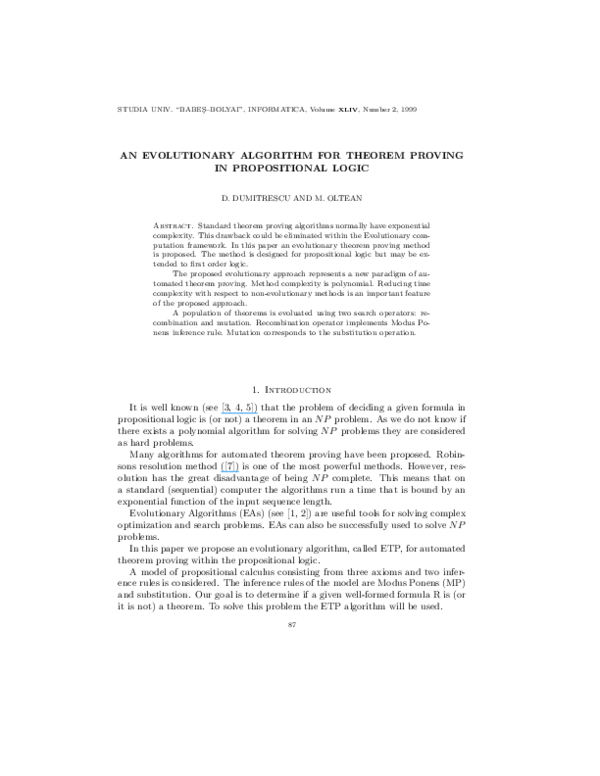 (PDF) An Evolutionary Algorithm for Theorem Proving in Propositional Logic