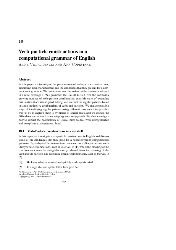 Pdf Verb Particle Constructions In A Computational Grammar Of English