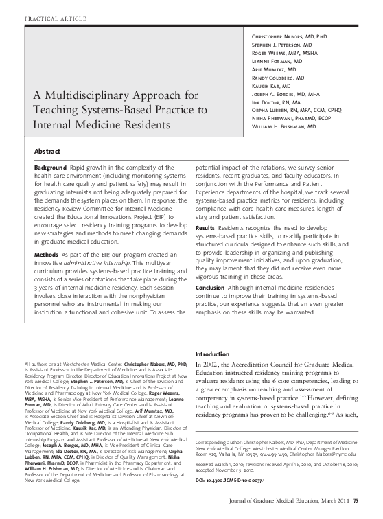 (PDF) A Multidisciplinary Approach for Teaching Systems-Based Practice ...