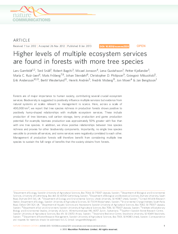 (PDF) Higher levels of multiple ecosystem services are found in forests ...