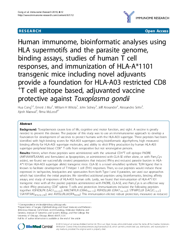 (PDF) Human immunome, bioinformatic analyses using HLA supermotifs and the parasite genome ...