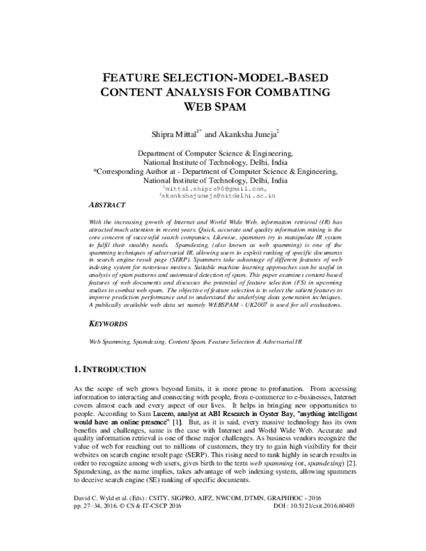 Pdf Feature Selection Model Based Content Analysis For Combating Web Spam