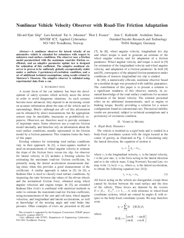 (PDF) Nonlinear Vehicle Velocity Observer with Road-Tire Friction Adaptation