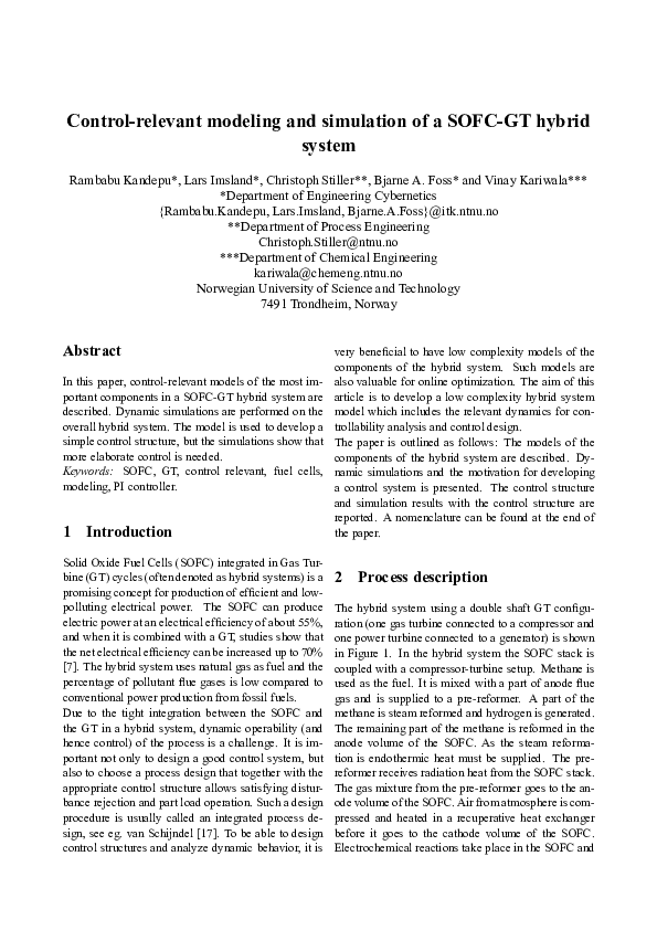 (PDF) Control-relevant modeling and simulation of a SOFC-GT hybrid system