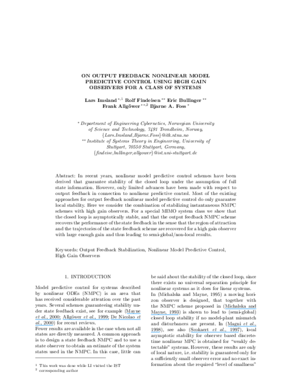 Pdf On Output Feedback Nonlinear Model Predictive Control Using High