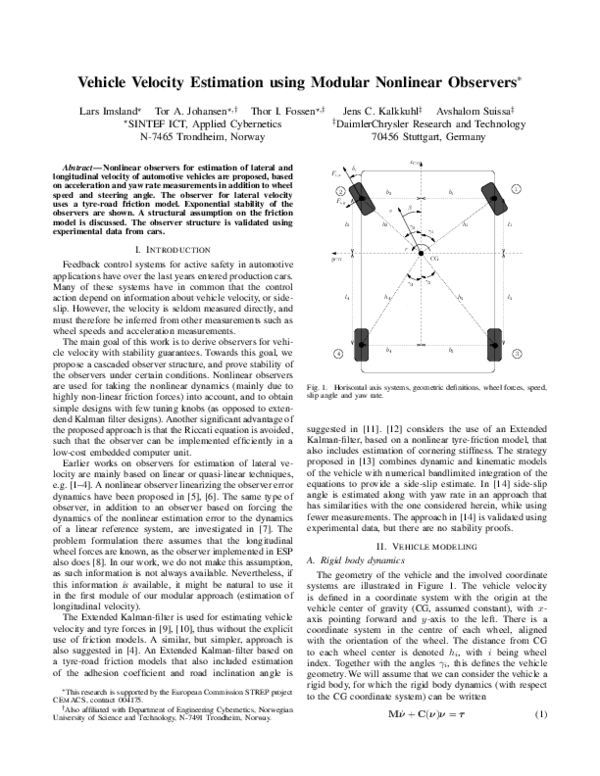 Pdf Vehicle Velocity Estimation Using Modular Nonlinear Observers