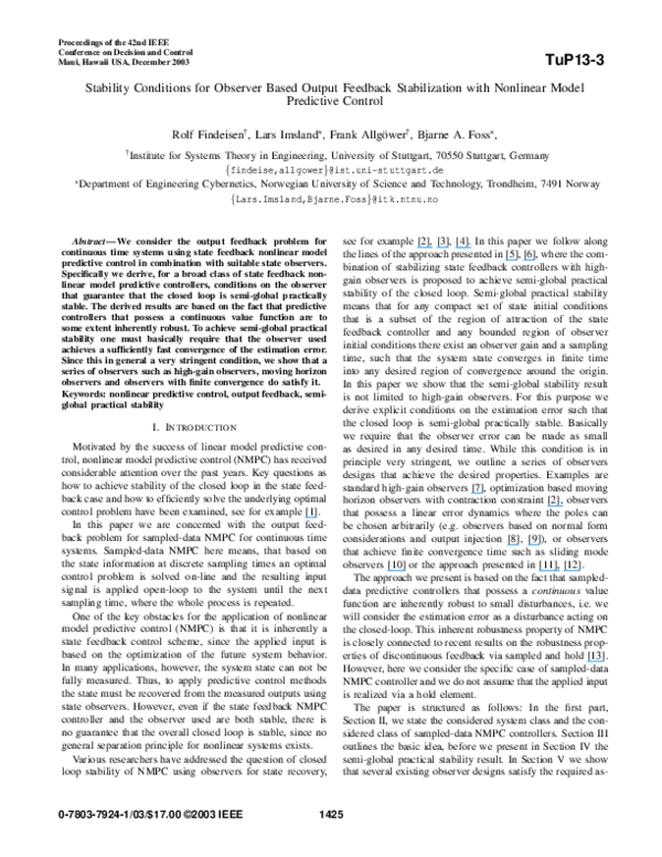 (PDF) Stability conditions for observer based output feedback stabilization with nonlinear model ...