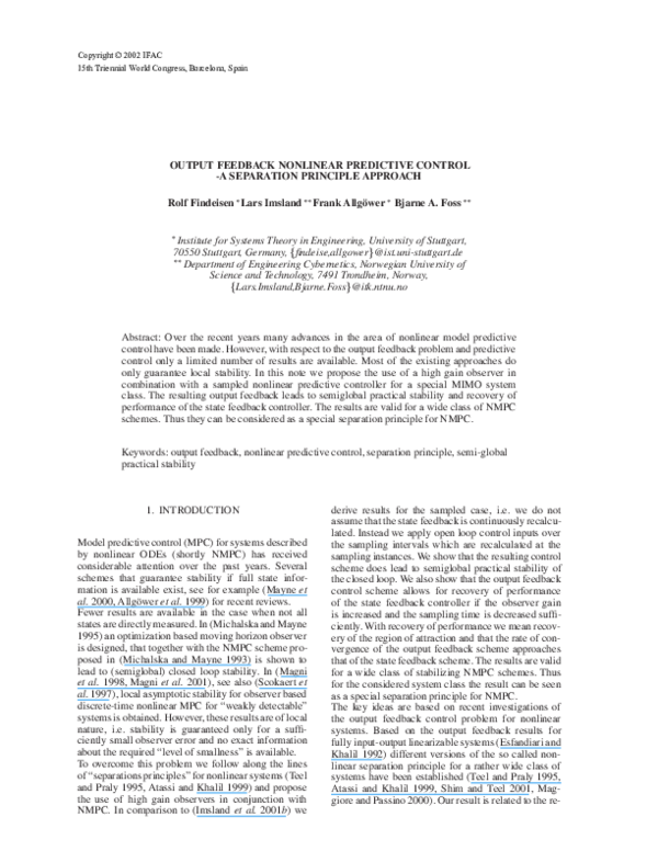 (PDF) Output feedback nonlinear predictive control-a separation principle approach