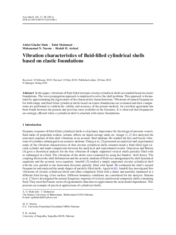 (PDF) Vibration characteristics of fluid-filled cylindrical shells based on elastic foundations