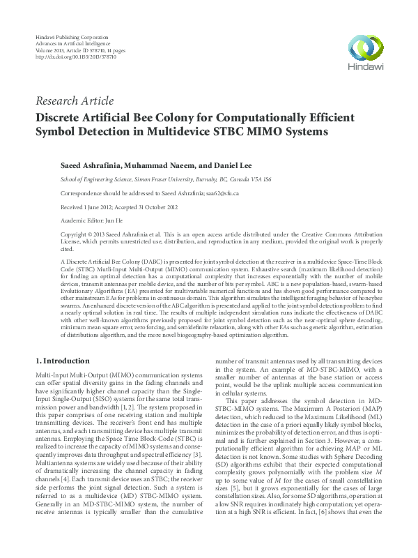 Pdf Discrete Artificial Bee Colony For Computationally Efficient Symbol Detection In