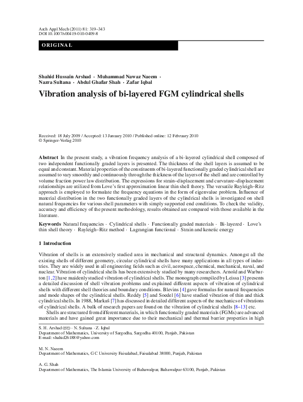 (PDF) Vibration analysis of bi-layered FGM cylindrical shells