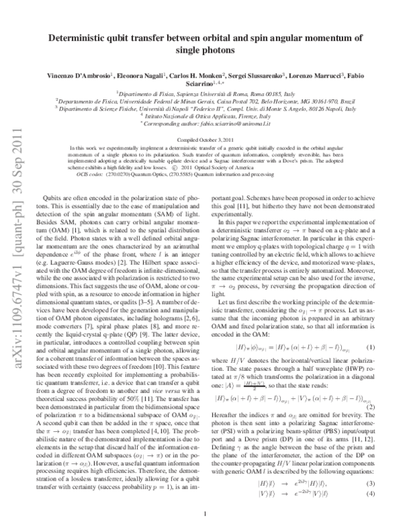 (PDF) Deterministic qubit transfer between orbital and spin angular momentum of single photons