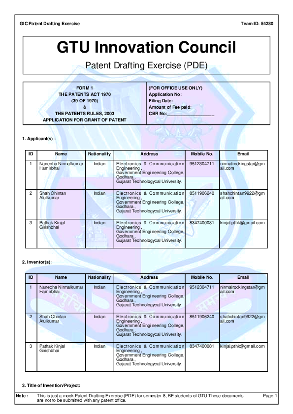 (PDF) GIC Patent Drafting Exercise Team ID: 54280 GTU Innovation ...