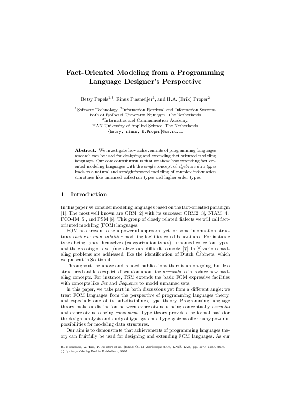 Pdf Fact Oriented Modeling From A Programming Language Designers Perspective Rinus