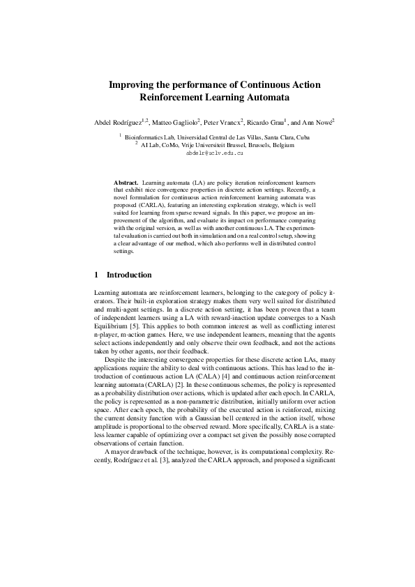 Pdf Improving The Performance Of Continuous Action Reinforcement Learning Automata
