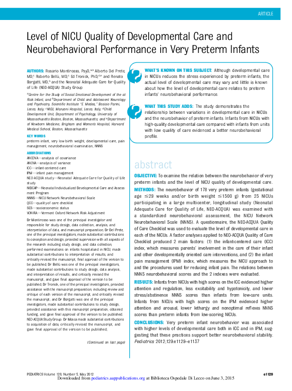 (PDF) Level of NICU Quality of Developmental Care and Neurobehavioral ...