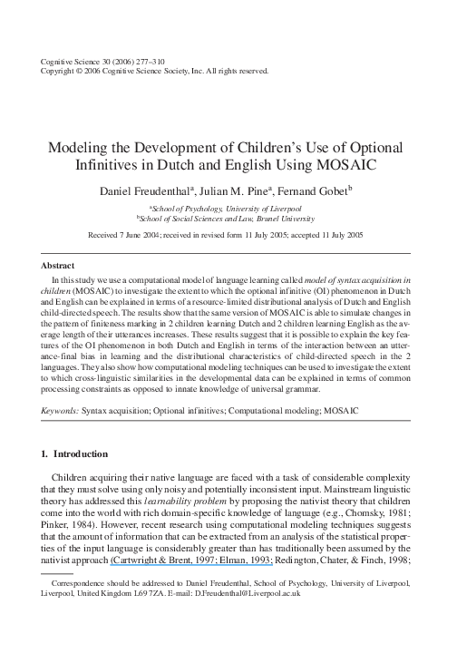 (PDF) Modeling the Development of Children's Use of Optional Infinitives in Dutch and English ...