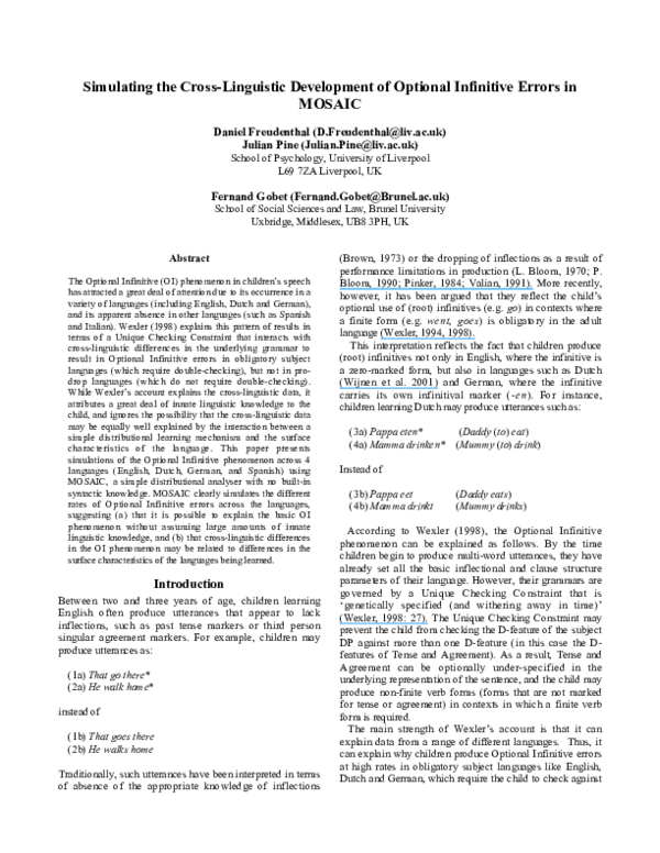 (PDF) Simulating the cross-linguistic development of optional infinitive errors in MOSAIC
