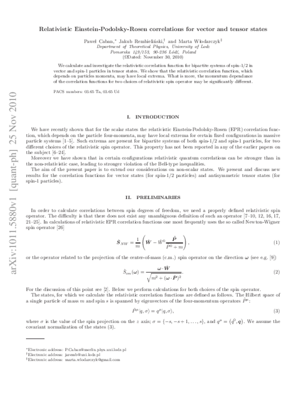 (PDF) RELATIVISTIC EINSTEIN–PODOLSKY–ROSEN CORRELATIONS IN COSMIC STRING SPACE–TIME VIA FERMI ...