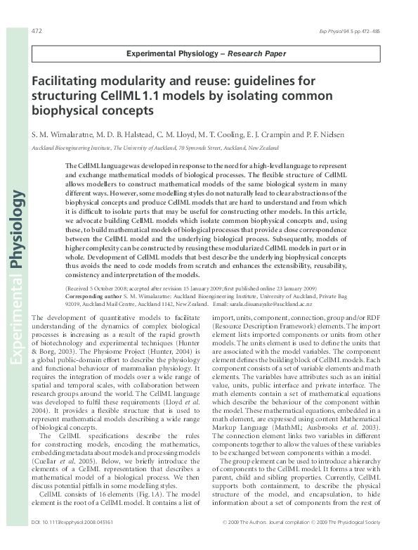Pdf Facilitating Modularity And Reuse Guidelines For Structuring Cellml 1 1 Models By