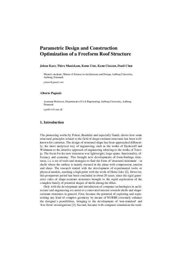 (PDF) Parametric Design and Construction Optimization of a Freeform Roof Structure