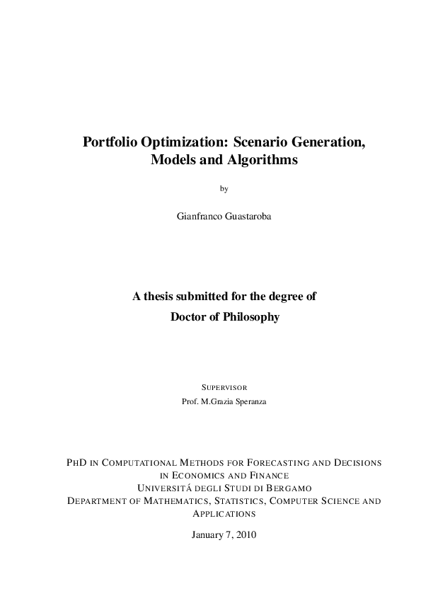 Pdf Portfolio Optimization Scenario Generation Models And Algorithms