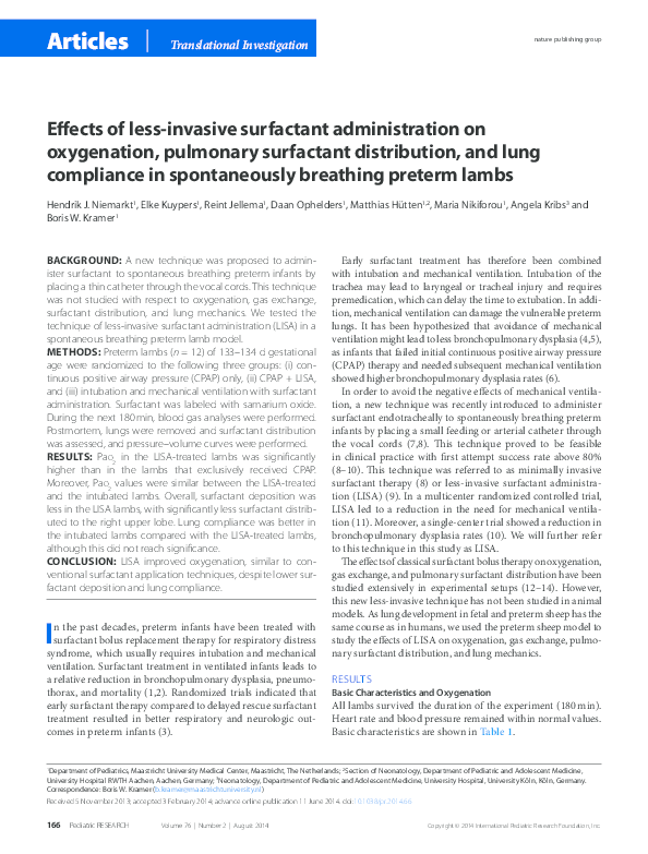 (PDF) Effects of less invasive surfactant administration (LISA) on ...