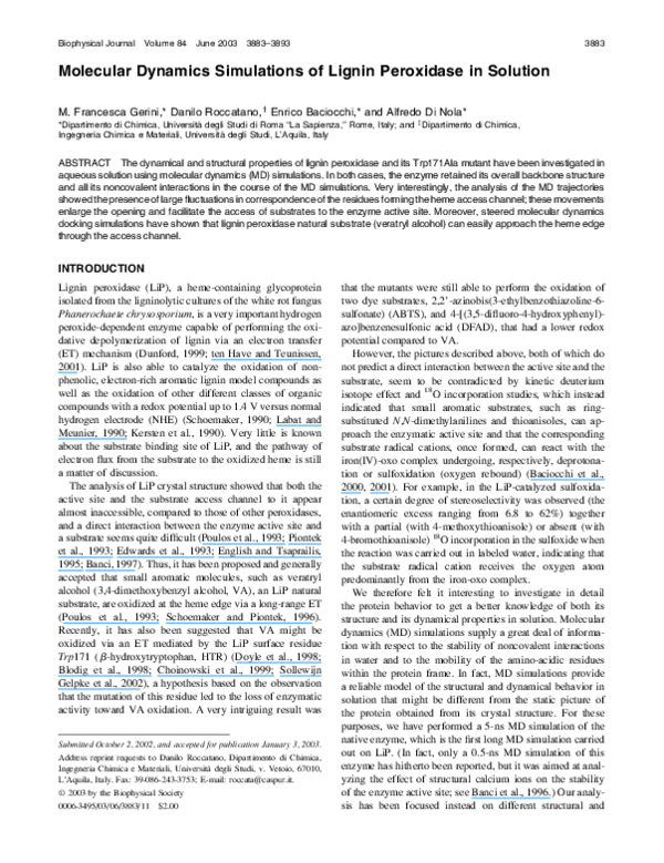 (PDF) Molecular Dynamics Simulations of Lignin Peroxidase in Solution