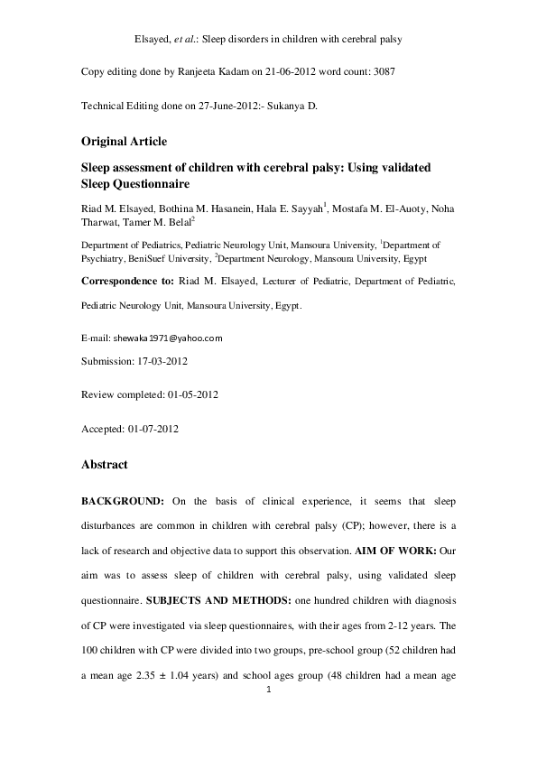 (PDF) Sleep assessment of children with cerebral palsy: Using validated ...