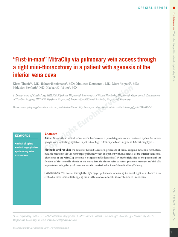 (PDF) First-in-man" MitraClip via pulmonary vein access through a right ...