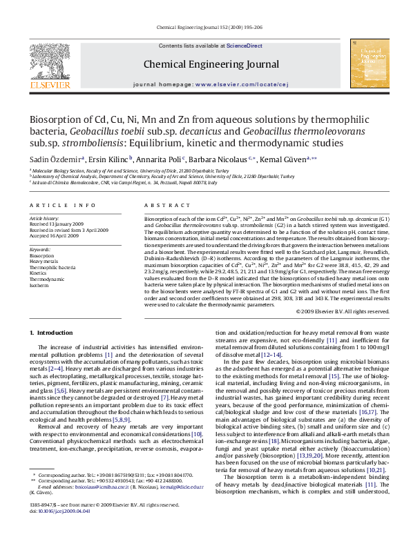 (PDF) Biosorption of Cd, Cu, Ni, Mn and Zn from aqueous solutions by ...