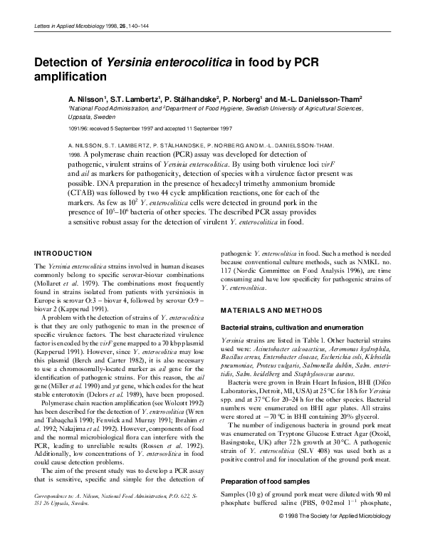 (PDF) Detection of Yersinia enterocolitica in food by PCR amplification